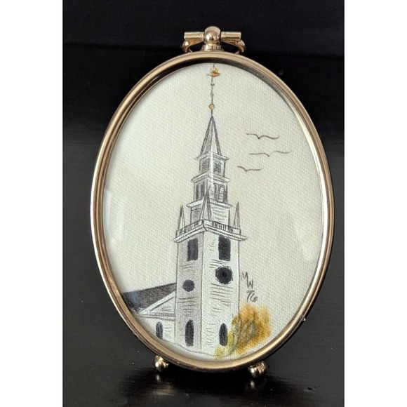 Art | Trinity Church Newport Ri Miniature Drawing Gold Oval Frame ...